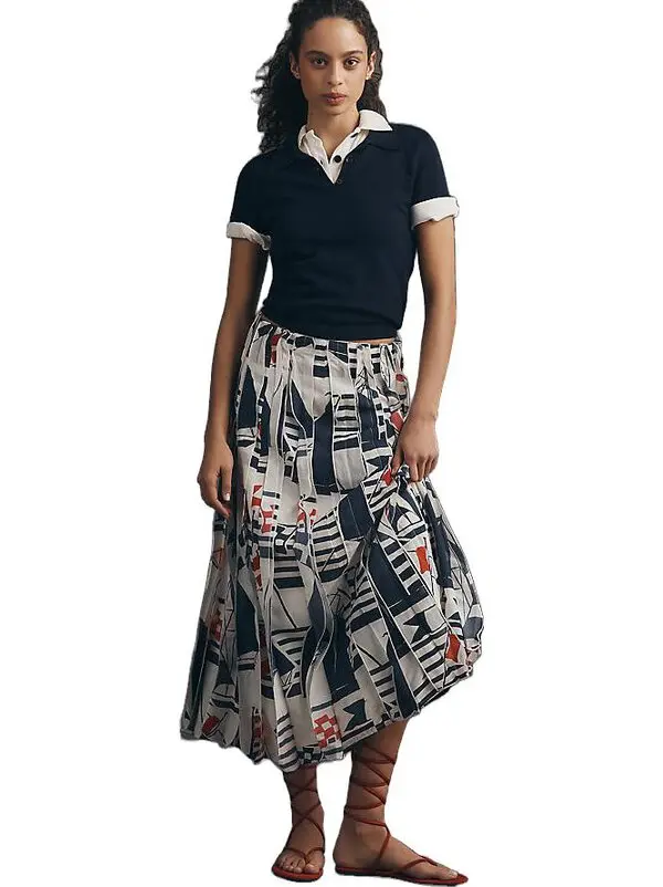 Maeve Graphic Tiger Piped Midi Skirt - Ivory Pattern