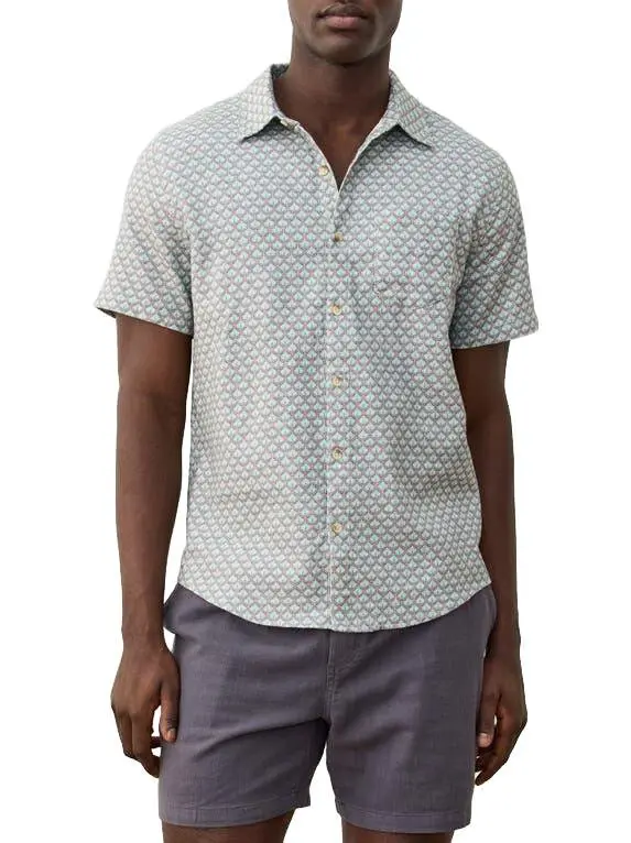 Marine Layer Classic Leaf Print Short Sleeve Stretch Cotton Selvage Button-up Shirt - Aqua Agave Print