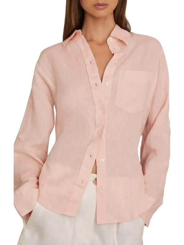 REISS Leora Linen Tie Back Shirt - Pale Pink