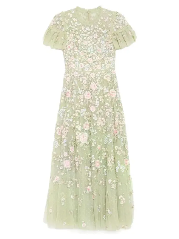 NEEDLE & THREAD Floral-embroidered Tulle Overlay Dress - Green
