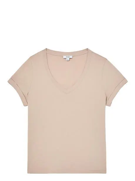 REISS Cotton-jersey V-neck T-shirt - Camel