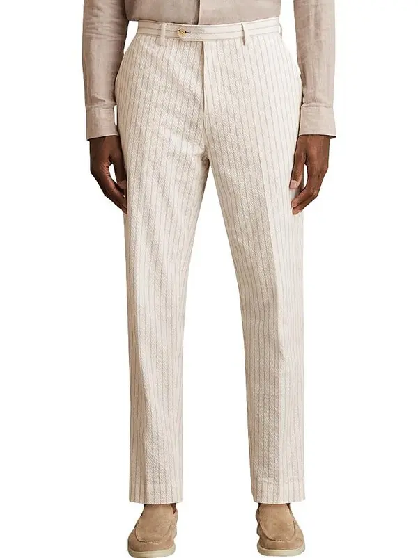 REISS Easton Striped Seersucker Trousers - Off White/taupe