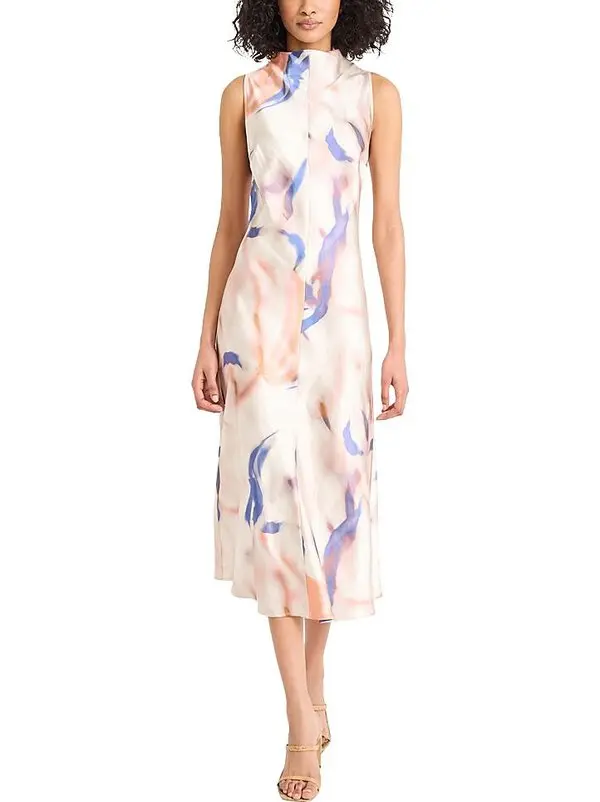 LUXELY High Neck Satin Midi Dress - Cream/ Blue