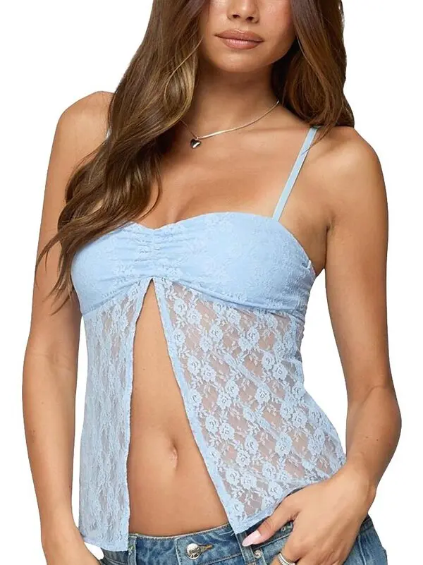 EDIKTED Sheer Lace Split Front Top - Light Blue