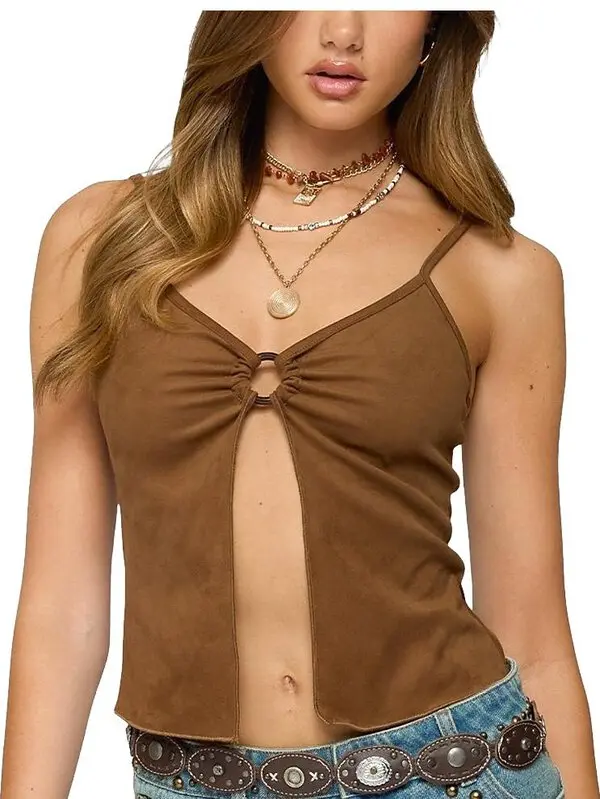 EDIKTED Split Front Faux Suede Tank Top - Brown