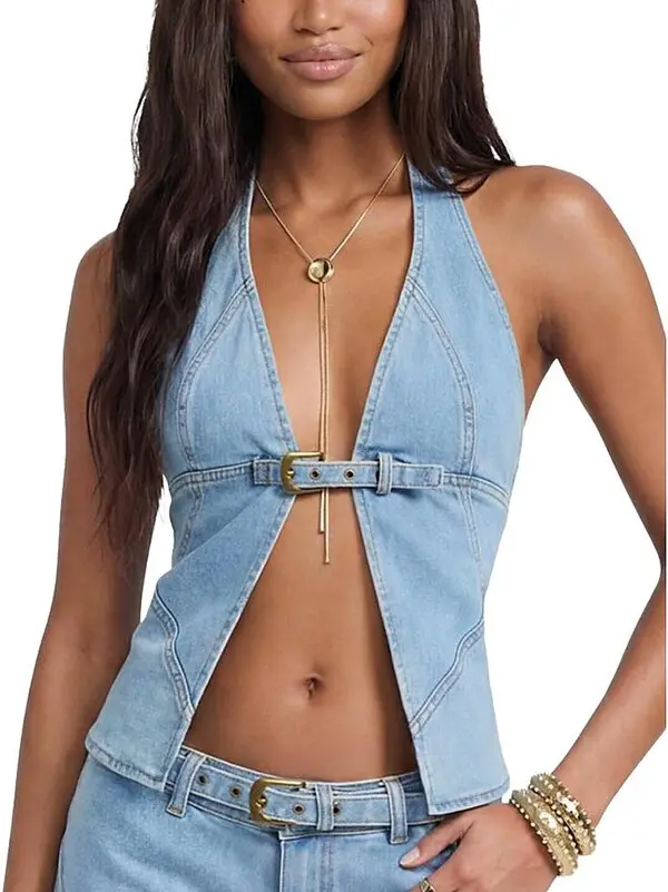 EDIKTED Ciel Split Front Denim Halter Top - Light-blue-washed