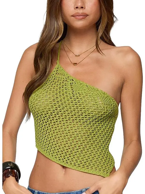EDIKTED Asymmetric One Shoulder Crochet Top - Green