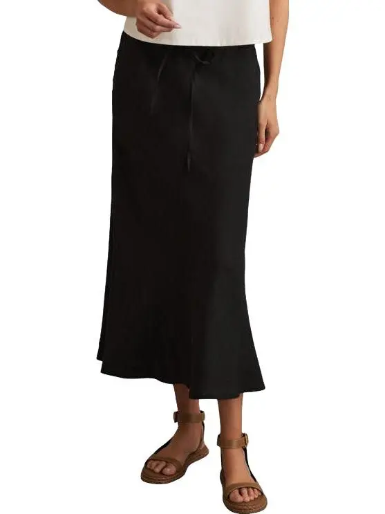 REISS Roxi Linen Midi Skirt With Drawstring Waist - Black