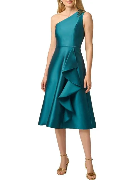 Adrianna Papell Embellished One-shoulder Mikado Dress - Hunter