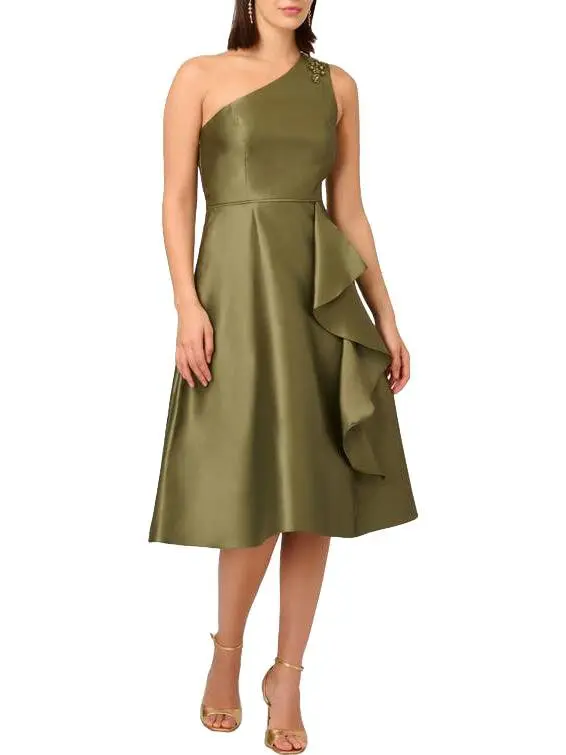 Adrianna Papell Embellished One-shoulder Mikado Dress - Jungle Olive
