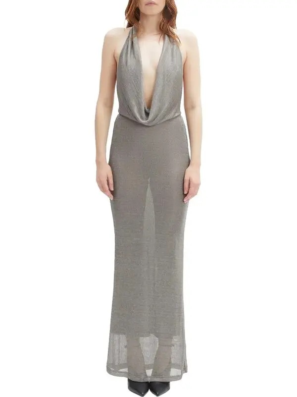 Bardot Nola Metallic Knit Halter Maxi Dress - Silver