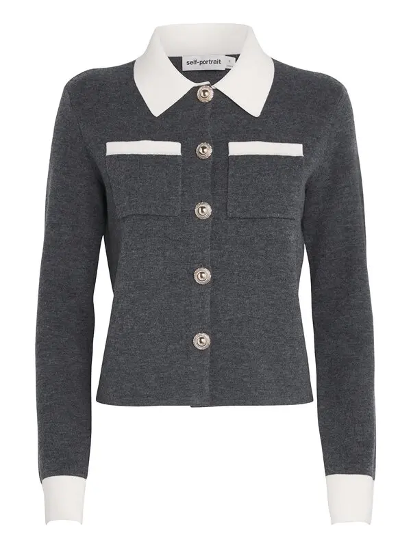 SELF-PORTRAIT Contrast-collar Cardigan - Grey