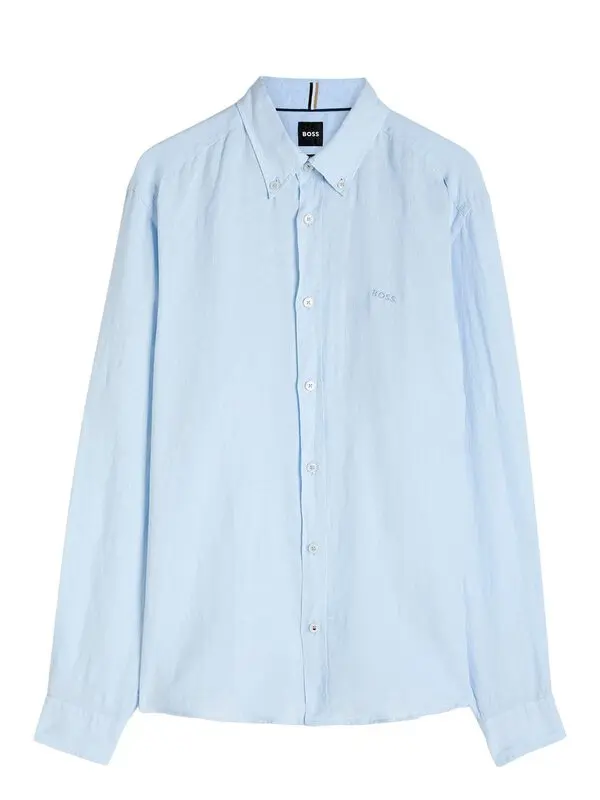 BOSS Logo-embroidered Linen Shirt - Light Blue