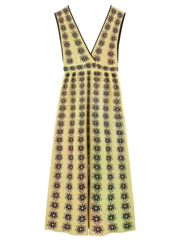 La DoubleJ Floral-embroidered V-neck Maxi Dress - Yellow