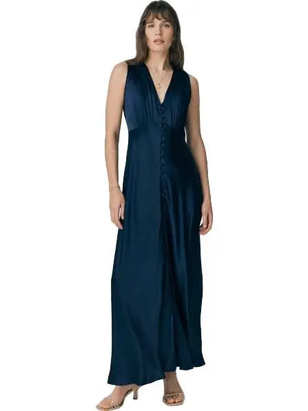 GHOST LONDON River V-neck Button Detailed Satin Maxi Dress - Navy