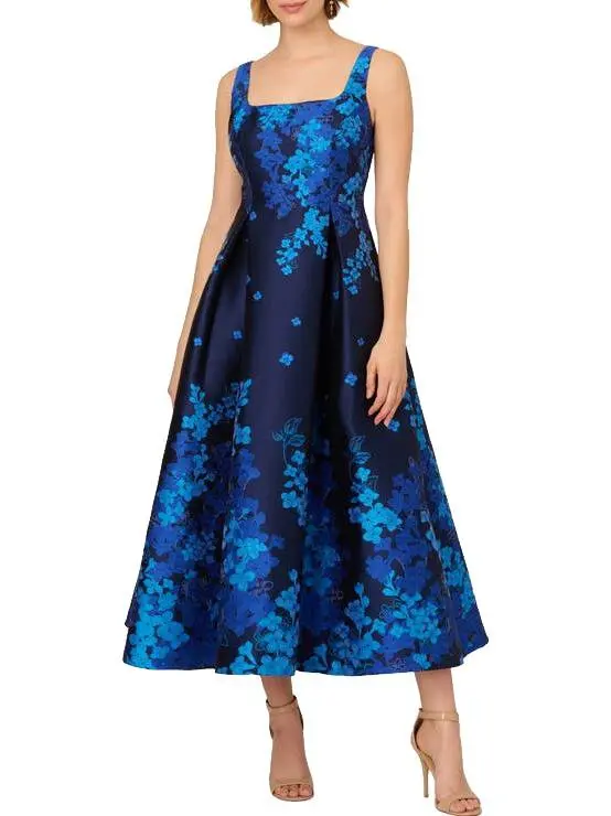 Adrianna Papell Border Sleeveless Jacquard Fit & Flare Midi Dress - Blue Multi