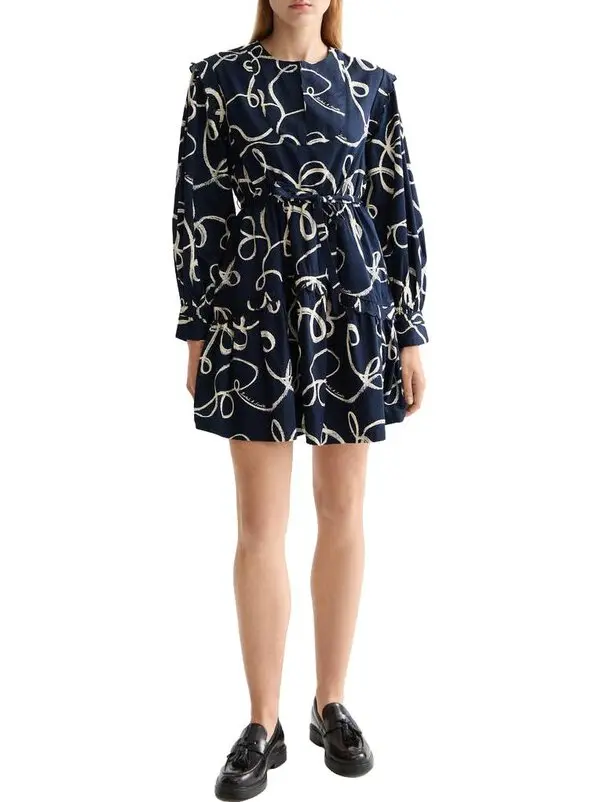Scotch & Soda Scallop Trim Long Sleeve Cotton Minidress - Ribbon Navy Aop