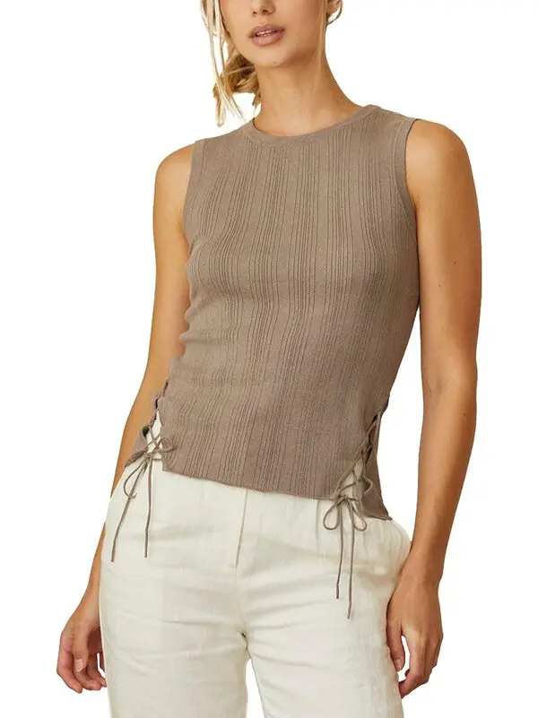 CRESCENT Lace-up Linen Blend Knit Tank Top - Taupe