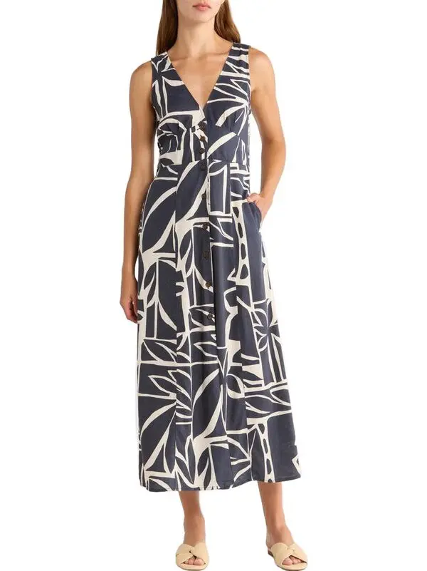 Marine Layer Camila Printed Sleeveless Hemp Blend Maxi Dress - Midnight Mosaic