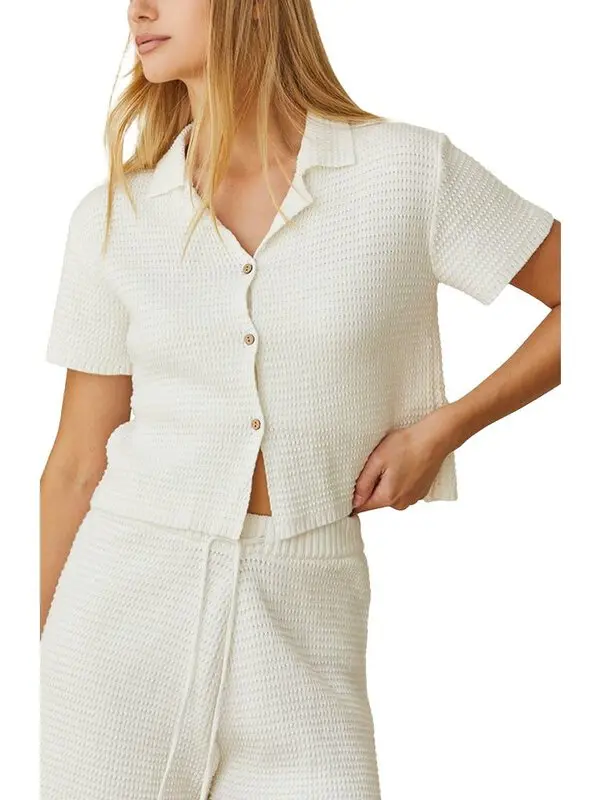 CRESCENT Cotton Waffle Knit Button-up Top - White