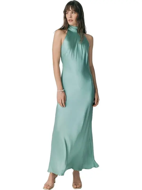 GHOST LONDON Amaia Halter Neck Satin Maxi Dress - Pastel Green
