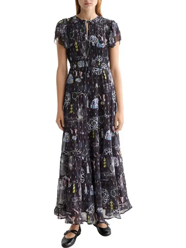 Scotch & Soda Cap Sleeve Tiered Chiffon Maxi Dress - Black Mountain