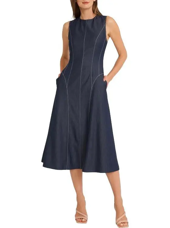 Maggy London Sleeveless Denim Midi Dress With Contrast Stitching - Indigo Denim