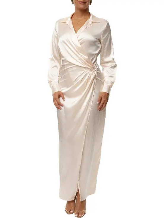 JLUXLABEL Front Wrap Long Sleeve Satin Maxi Dress - White