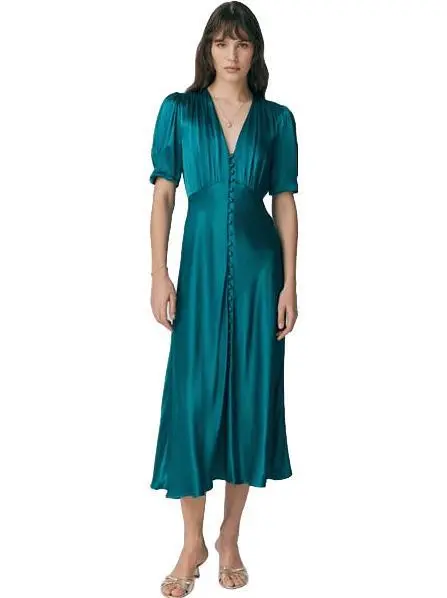 GHOST LONDON Madison Satin Midi Dress - Emerald Sea