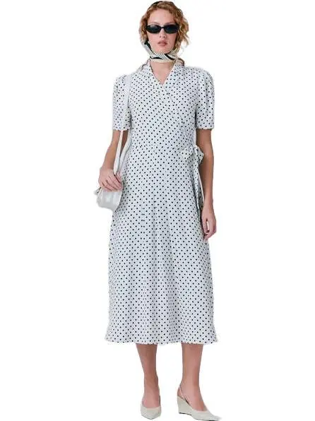 GHOST LONDON Giselle Crepe Polka Dot Wrap Midi Dress - Ivory Polka Dot