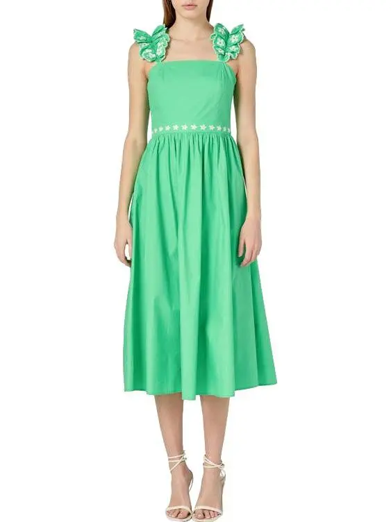 English Factory Flower Embroidered Midi Dress - Green