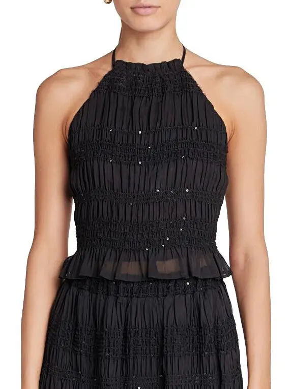 Endless Rose Sequin Shirred Open Back Chiffon Halter Top - Black
