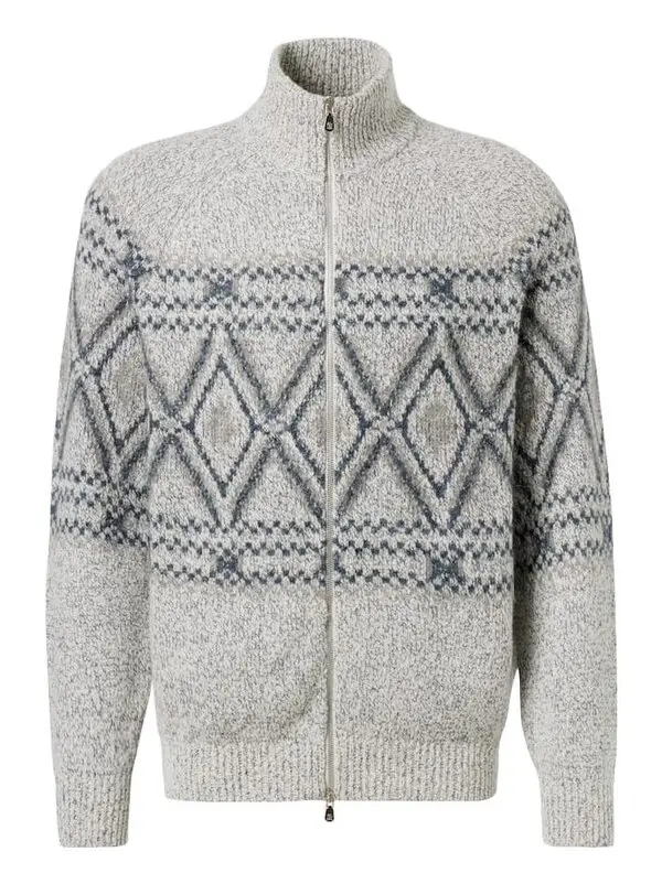 Brunello Cucinelli Argyle Wool, Silk And Cashmere Cardigan - Grey