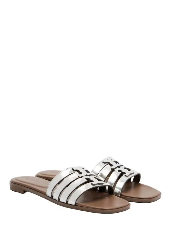 Tory Burch Metallic Leather Slides - Silver