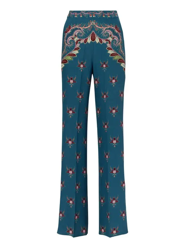 Etro Floral Printed Flared Silk Pants - Blue