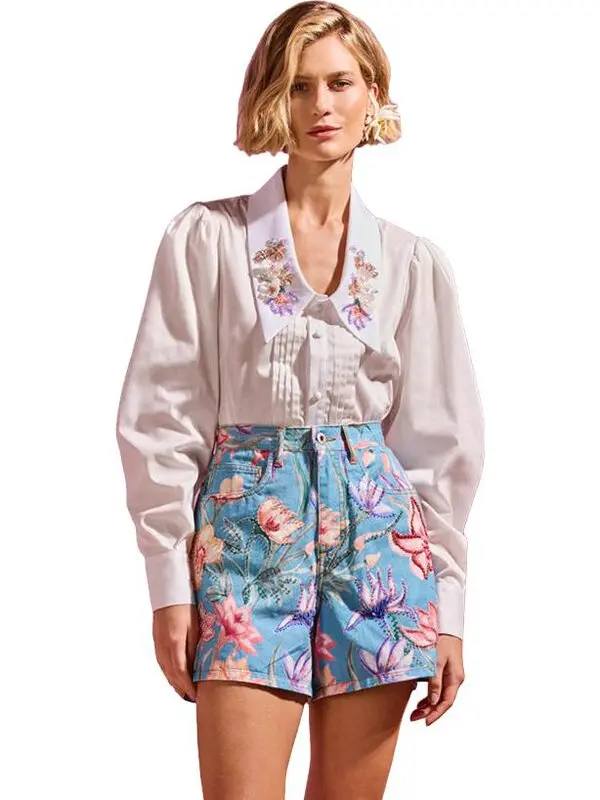 PatBO Amaryllis Floral Print Denim Shorts - Blue