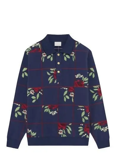 Drole De Monsieur Le Polo Fleurs Long Sleeve T-shirt - Navy Blue