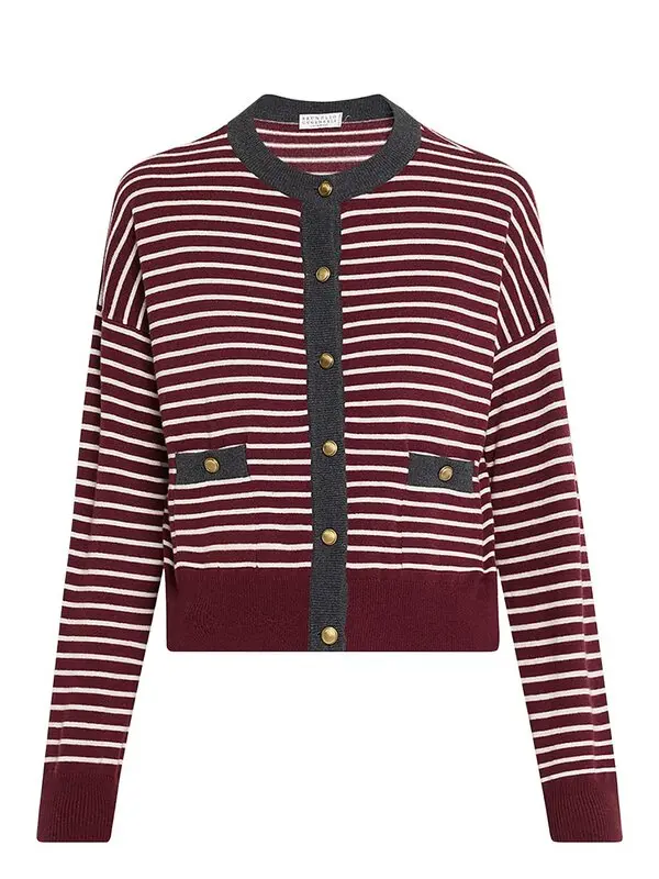 Brunello Cucinelli Striped Wool-cashmere Crewneck Cardigan - Burgundy Cream