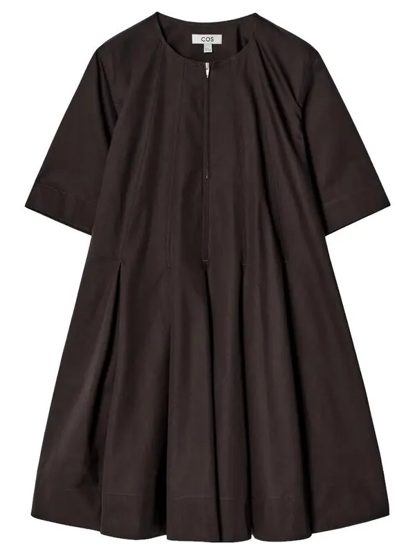 Cos Pleated Cotton Mini Dress - Brown