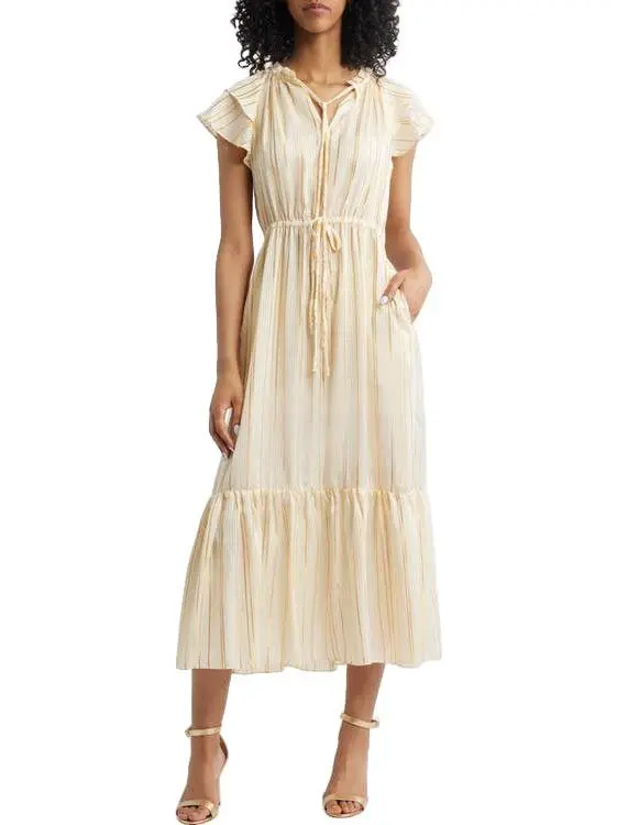 Julia Jordan Flutter Sleeve Metallic Stripe Midi Dress - Cream