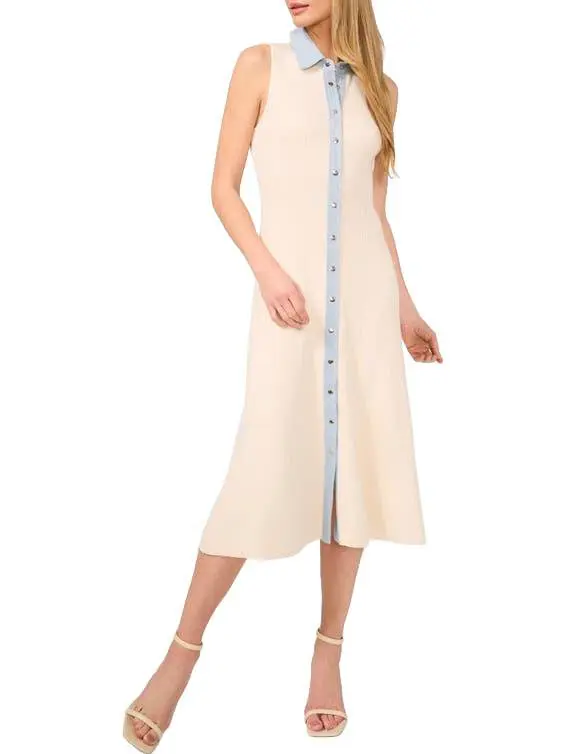 CECE DUPRAZ Ribbed Denim Trim Midi Shirtdress - Swan
