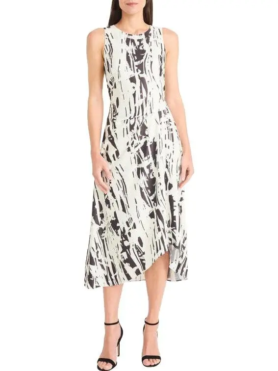 Maggy London Abstract Print Asymmetrical Midi Dress - Vanilla/ Black