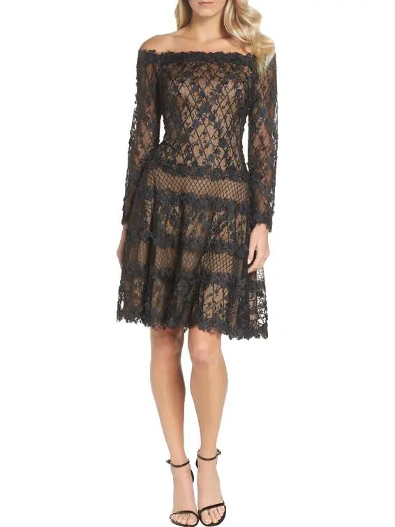 Tadashi Shoji 3d Flower Off The Shoulder Dress - Black/nude