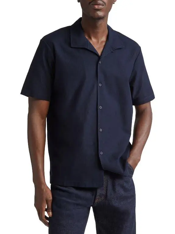 Sunspel Short Sleeve Textured Jersey Button-up Shirt - Midnight Navy