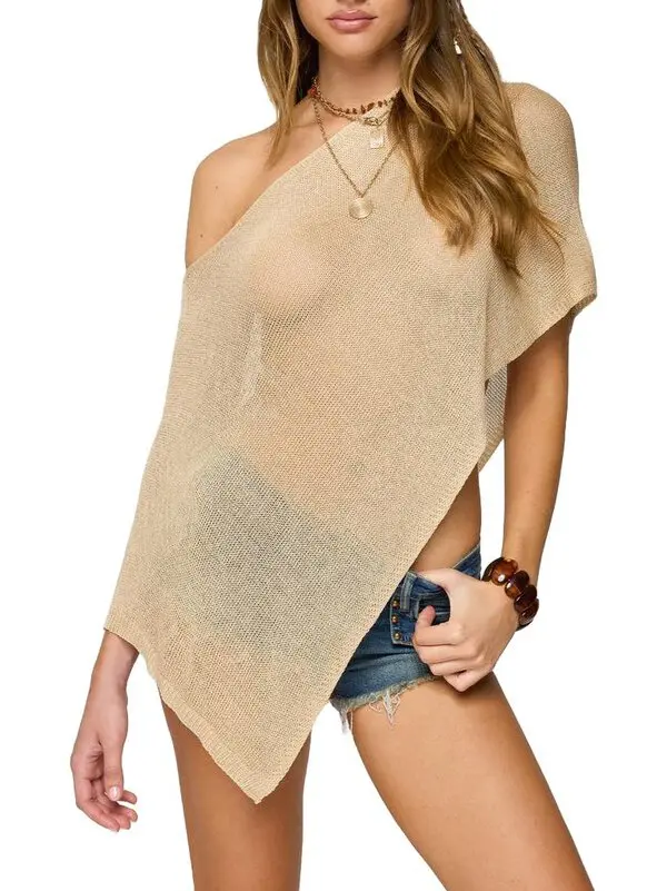 EDIKTED Azalia Asymmetric Open Knit Sweater - Beige