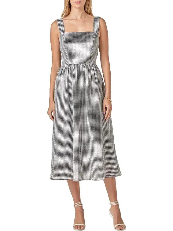 English Factory Gingham Sleeveless Midi Dress With Tie Back - Black/ White Gingham