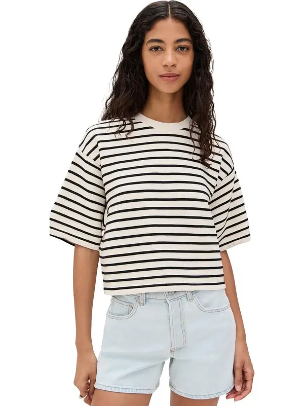 ANINE BING Myers Cropped Tee - Black Stripe French Terry