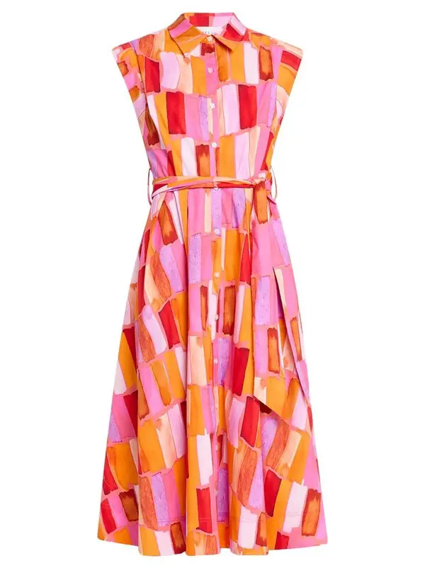 MILLY Jules Sunset Tile Poplin Midi Dress - Pink Multi