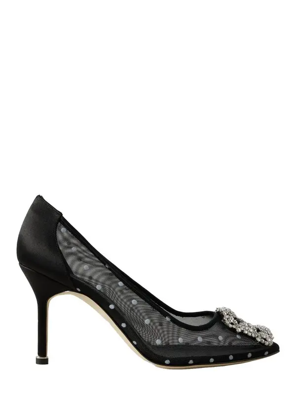 Manolo Blahnik Hangisi Satin-trimmed Crystal-embellished Mesh Pumps - Black
