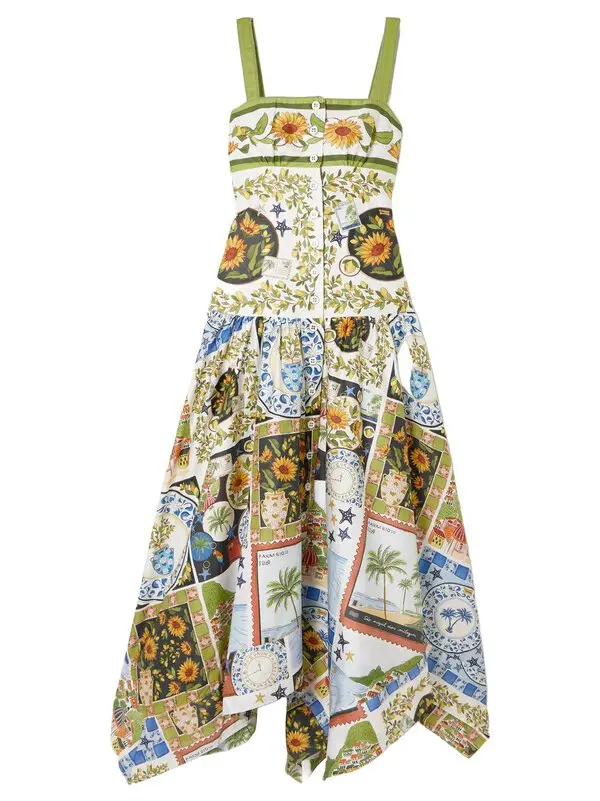Farm Rio Latin Trip Gathered Shirred Printed Cotton Midi Dress - Blue